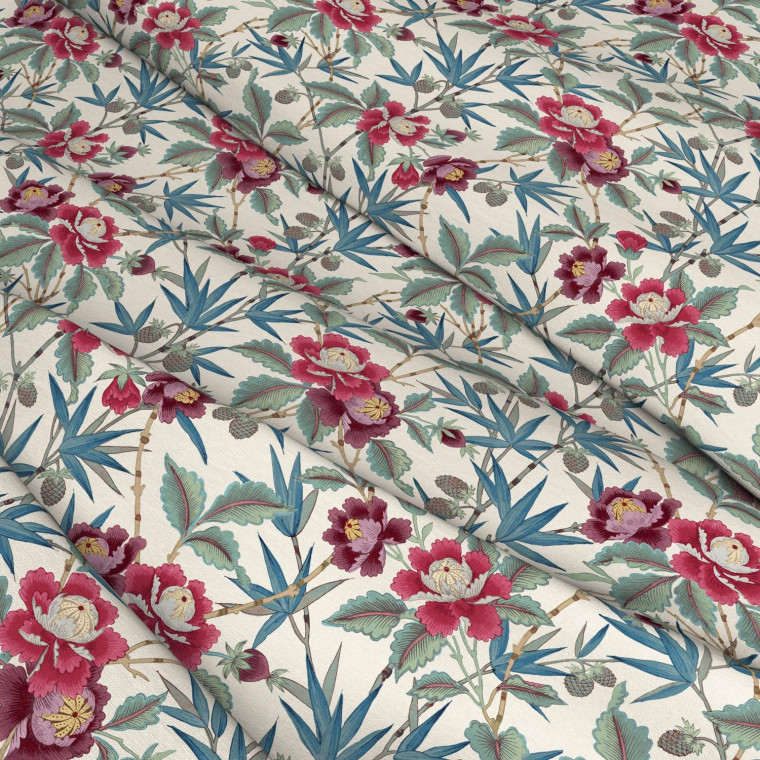 Oriental Peony Raspberry Linen Mix Fabric | Warner House